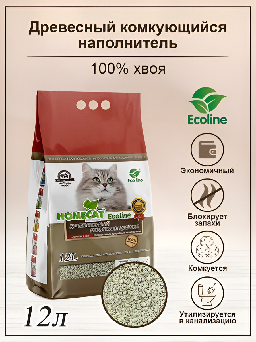 HOMECAT Ecoline 12 л древесный комкующийся наполнитель для кошачьих туалетов