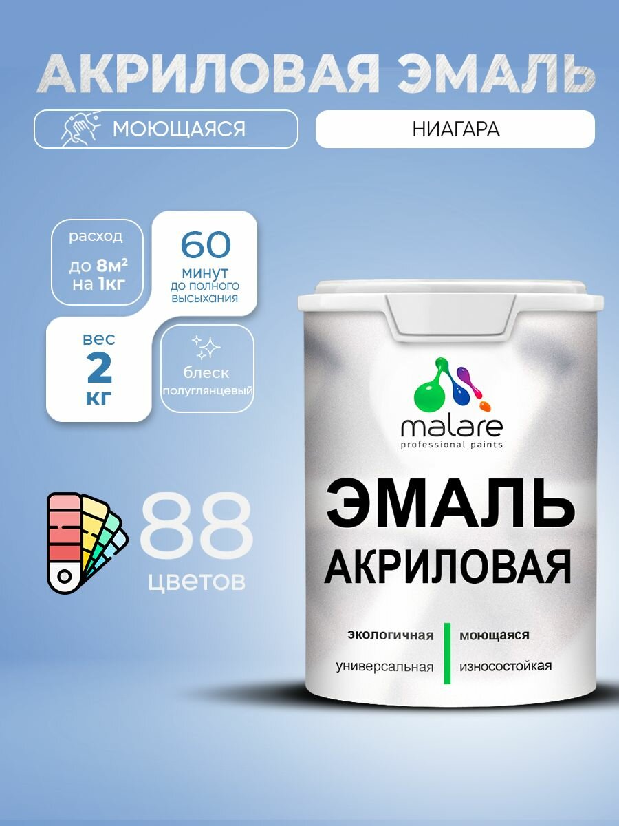 Эмаль Malare акриловая универсальная для деревянных и минеральных поверхностей, для внутренних и наружных работ, экологичная без запаха, износостойкая, быстросохнущая, моющаяся, полуглянцевая, ниагара, 2 кг.