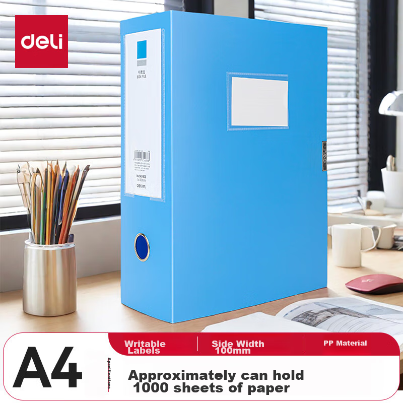 Deli 100mm A4 Velcro File Box, Plastic Document Box, File Storage Box, Blue 5626ES