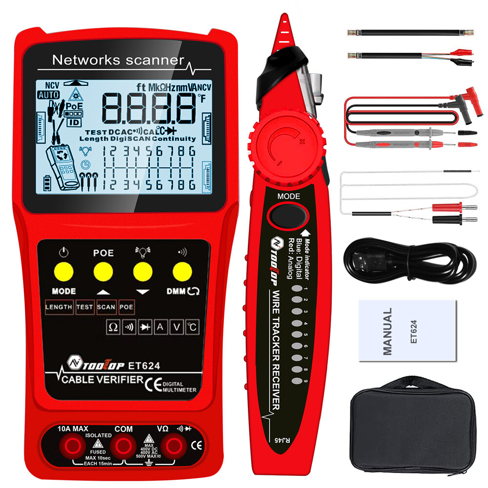 Handheld Portable 2in1 Network Cable Finder Multimeter 3.5inch LCD Display with White Backlight Analogs Digital Search POE Test Cable Pairing Sensitivity Adjustable Network Short Circuit Open Circuit Measure Model ET624, ET626, ET628 Material ABS Host