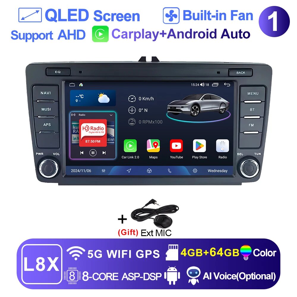 LEHX 2Din Carplay Android Auto 8 дюймов для Skoda Octavia 2 A5 2004-2013 Автомобильный радиоприемник CarPlay GPS-навигация WIFI Автомобильный стерео головное устройство V7C(4-64GB)