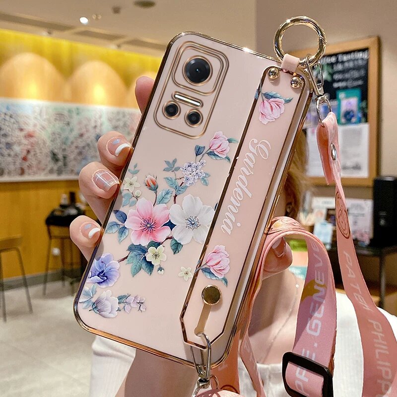 Силиконовый чехол для Honor Play6t с ремешком и закаленным стеклом, цветочный принт, цвет розовый блуш