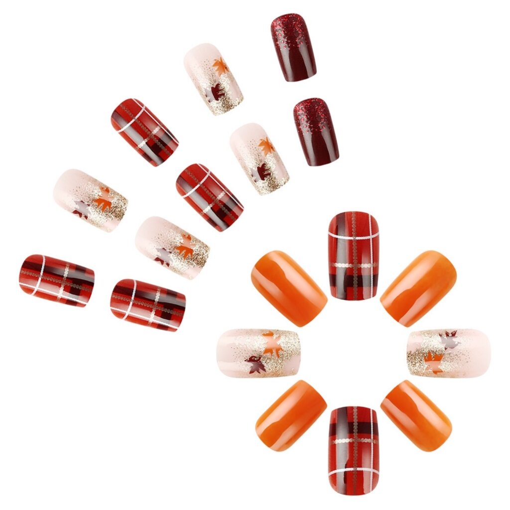 Осенний Пресс на День Благодарения на Ногтях Средней Площади Накладные Ногти Кленовый Лист Оранжевые Блестящие Полоски Акриловые Ногти Наклеиваются на Ноготь