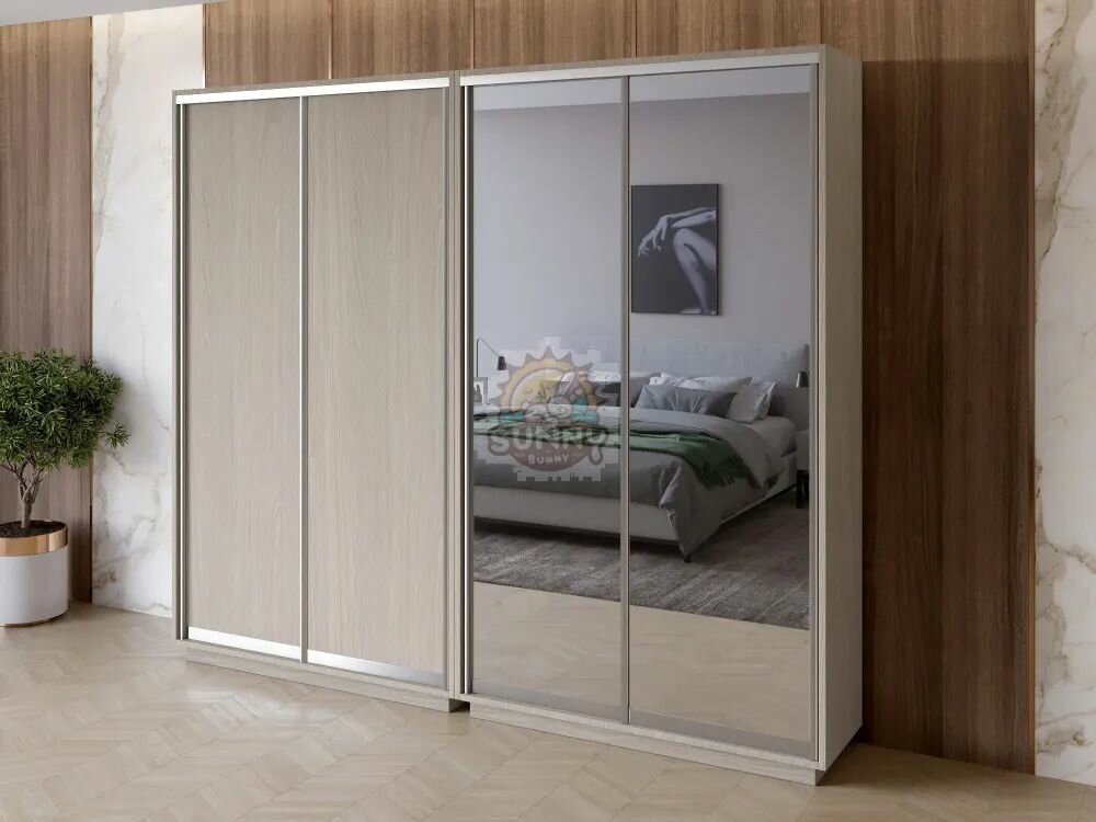 Шкаф купе Вилли 4-х дверный ЛДСП (2+2) с зеркалом, профиль серебро 280 см х 240 см х 45 см (Ясень Шимо светлый)