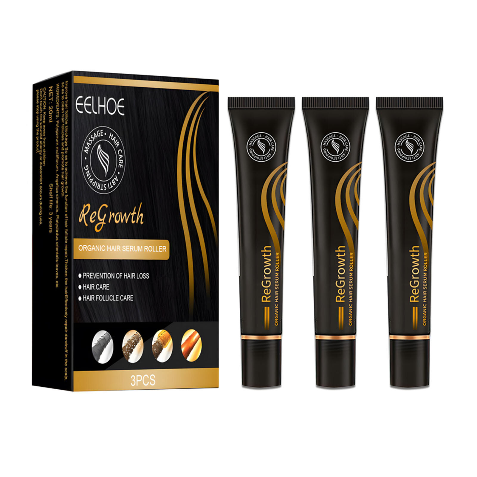 EELHOE Rolling Beads Dense Hair Oil Thick Thinning Hair Walking Beads Massage Scalp Treatment Liquid Anti-Fall Oil Liquid Black 20ml 3 x Roller Ball Hair Tonic