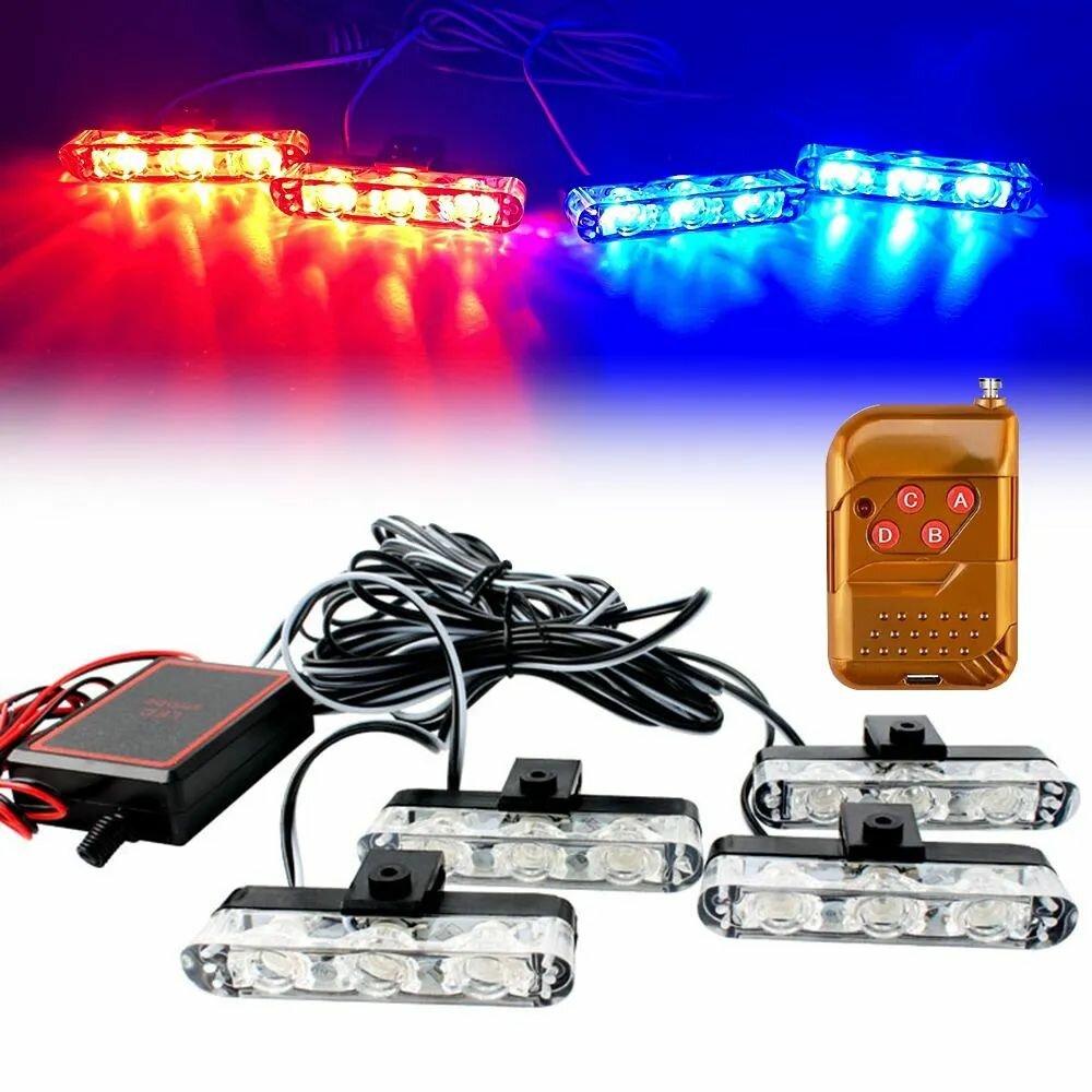 Красный Синий автомобильный стробоскоп с 3 светодиодами, беспроводной пульт дистанционного управления, светодиодные аварийные сигнальные огни, полицейский сигнальный фонарь-маяк