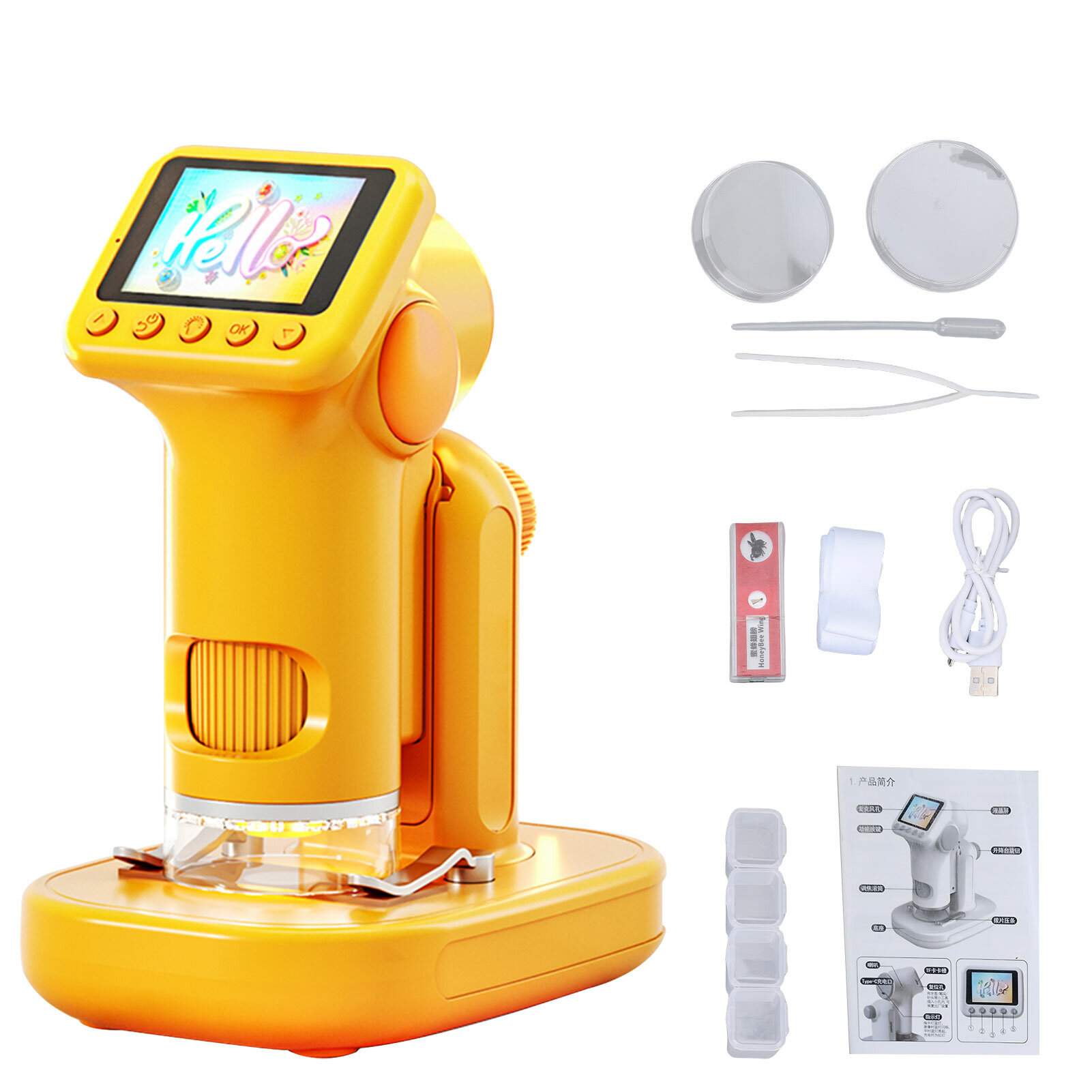 Детский цифровой микроскоп 100-1600X с цветным экраном HD 2.0, 3 регулируемыми лампами, SD-карта 32 ГБ, портативный микроскоп для детей, научные исследования, желтый