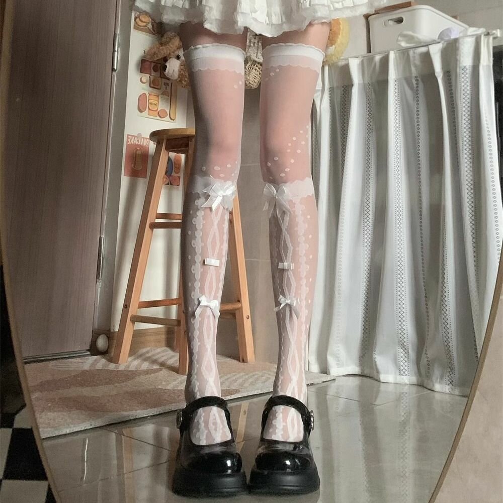 Лолита белые кружевные сладкие тонкие длинные чулки японского стиля JK для девочек балетные чулки с бантом универсальные чулки выше колена