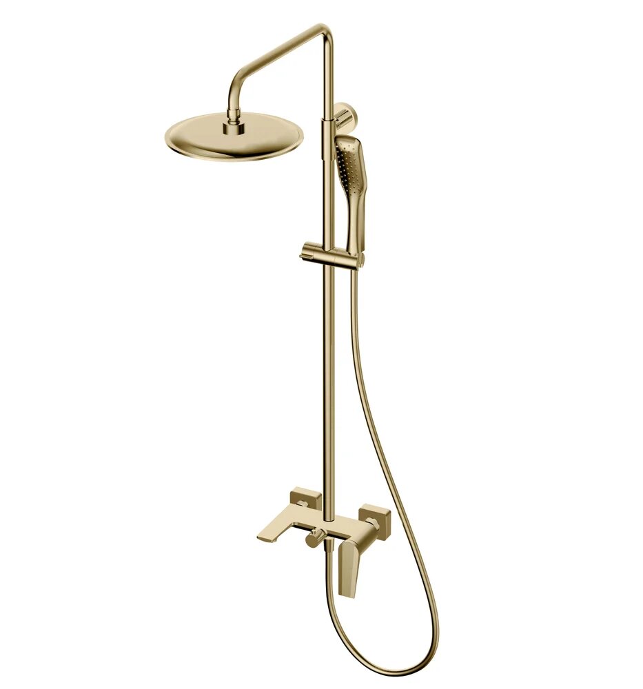 Душевая стойка Olive'S Viar 28511VRG со смесителем, золотая, матовая, душевая система с тропическим душем, с изливом, с лейкой, латунная, рычаг сбоку