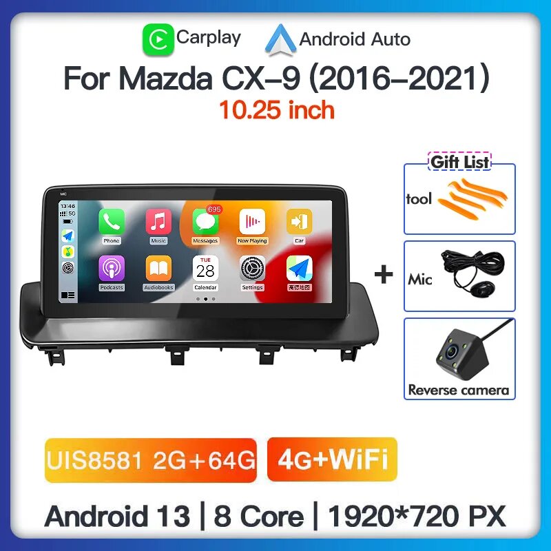 Android 14 для MAZDA CX-9 2016-2019 2020 2021, мультимедийный BT CarPlay, авторадио, навигация, 4G, GPS, стерео, сенсорный экран 8581 2G 64G