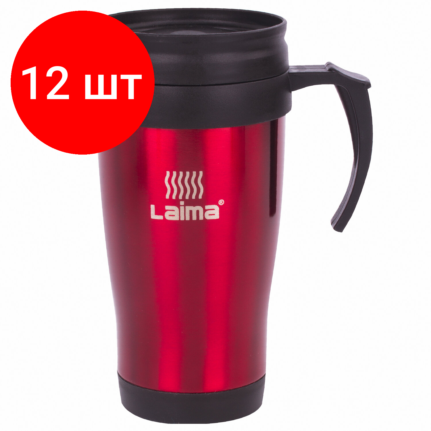 Комплект 12 шт, Термокружка LAIMA, 400 мл, нержавеющая сталь, пластиковая ручка, красная, 605127