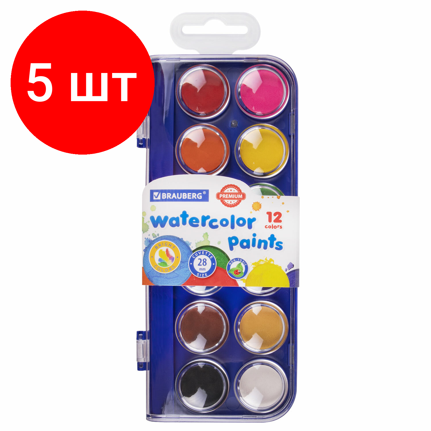Комплект 5 шт, Краски акварельные сухие BRAUBERG "PREMIUM" 12 цветов, круглые кюветы 28 мм, пластиковый пенал с европодвесом, 191743