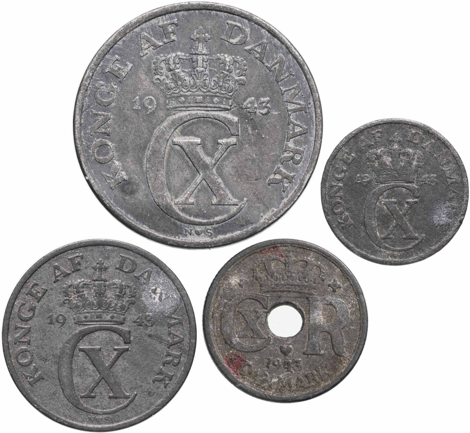 Дания набор от 1 до 10 эре 1943 4 шт, Цинк, в сохранности VF-XF