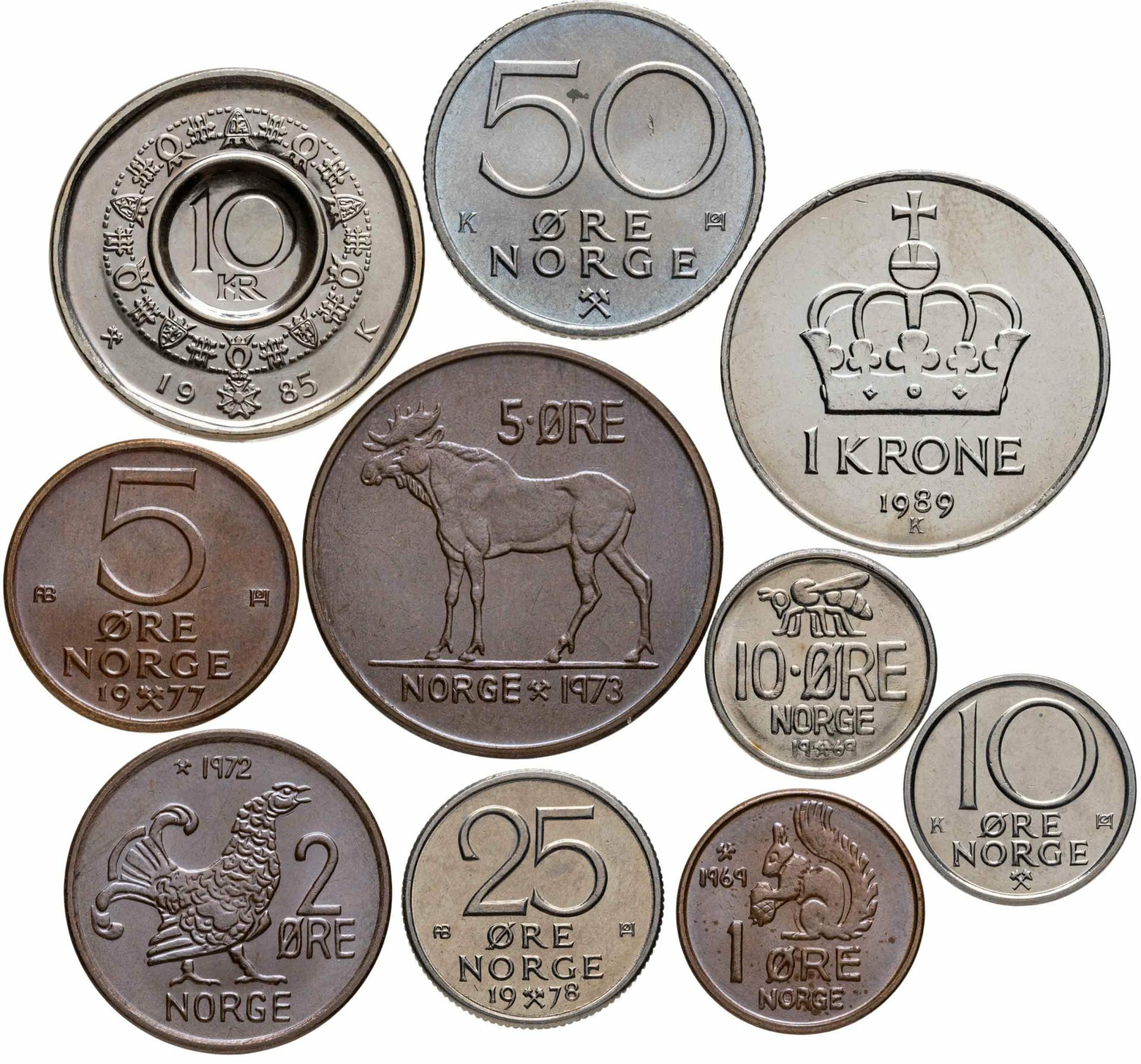 Норвегия набор монет 1962-1991 10 штук, Бронза, Мельхиор, в сохранности AU-UNC