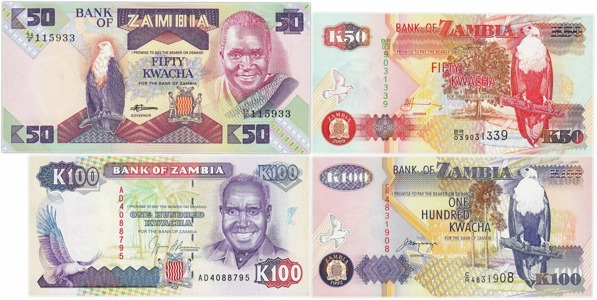 Замбия набор из 4 банкнот 50 и 100 квача 1992-2009