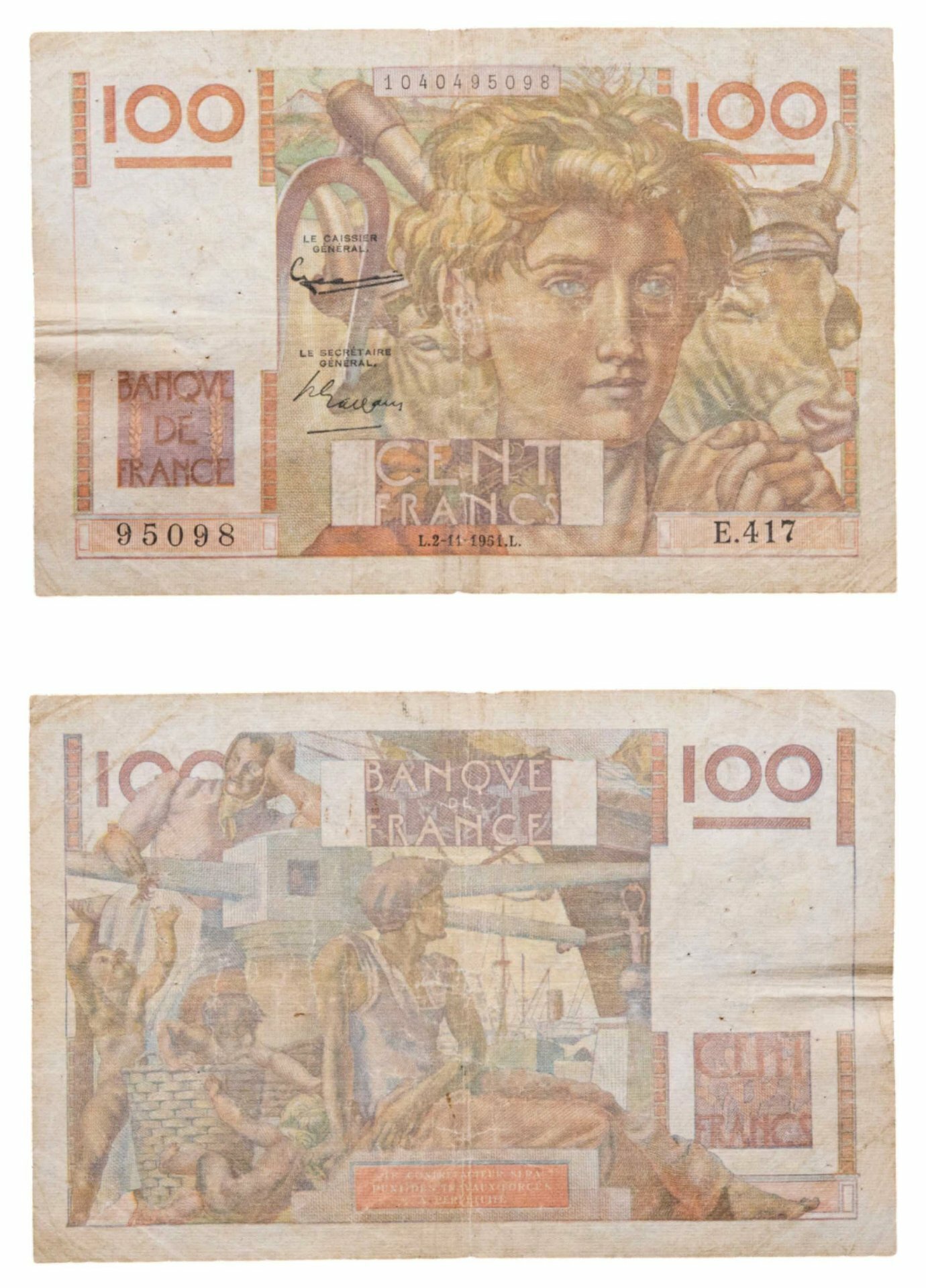 Франция 100 франков 1951 Jeune Paysan, Сельский юноша