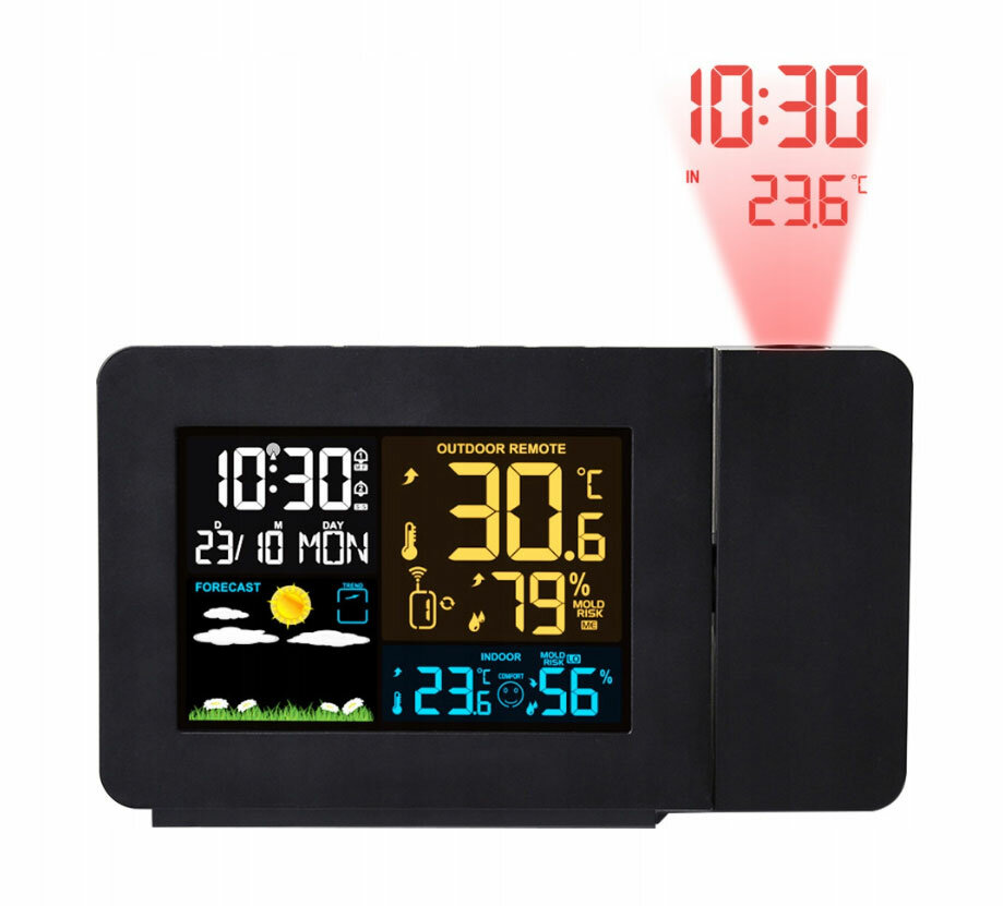 Метеостанция FanJu FJ3391: проектор, цветной экран, прогноз погоды, беспроводной датчик