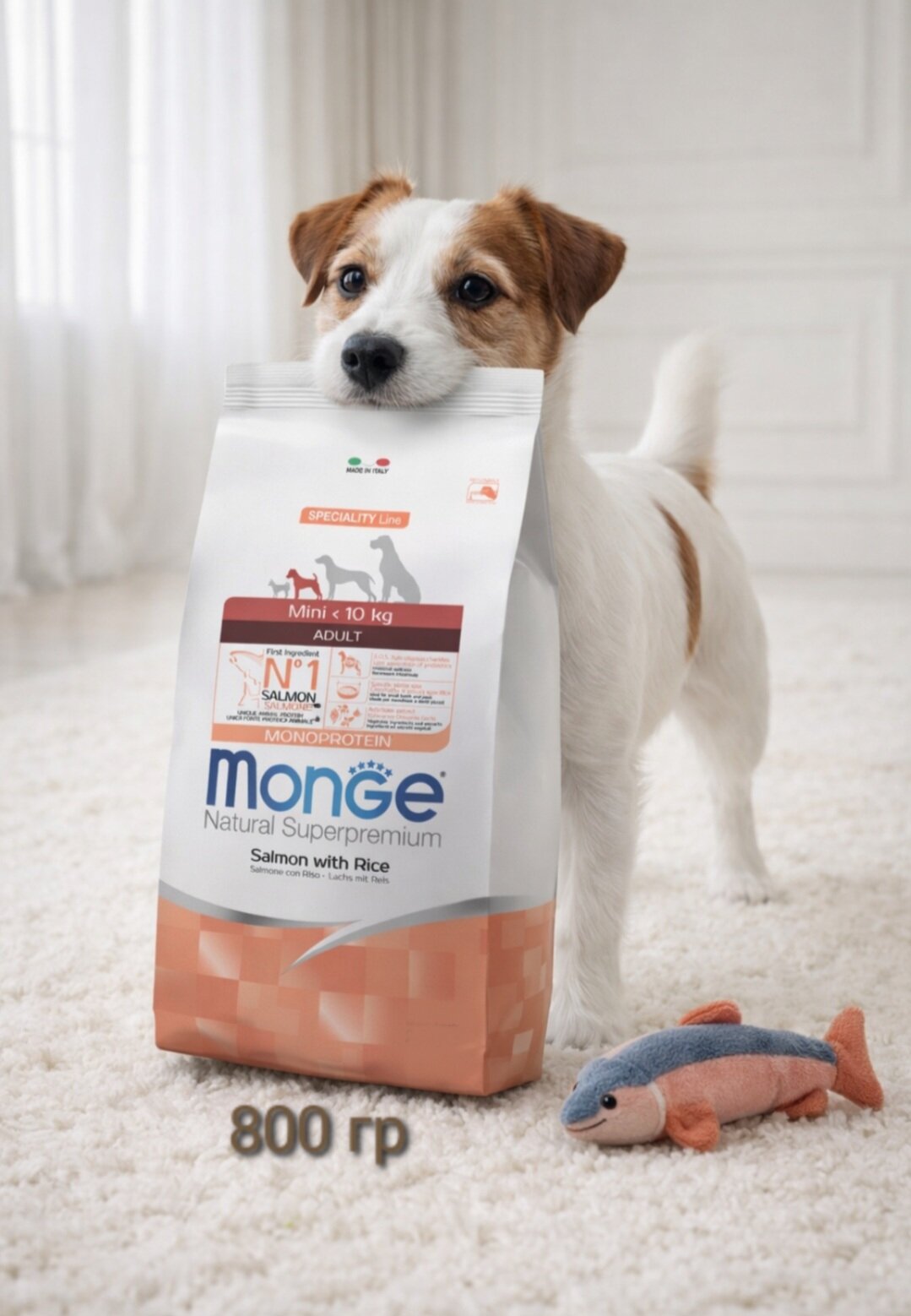 Корм Monge "Speciality Line Mini adult", для собак, для здоровья кожи, для мелких пород, лосось, 800 гр