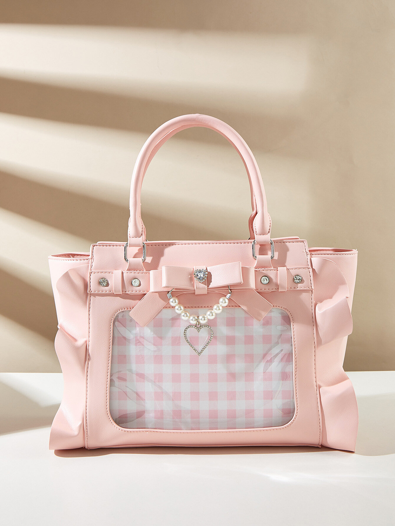 【В наличии PU】Японский стиль маленькая сумка в стиле Chanel с сердечком, маленькая вместимость, кружевная жемчужная женская сумка через плечо