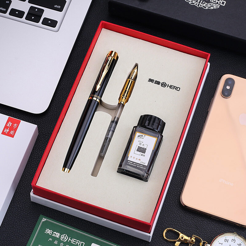 Горячая распродажаРучка Hero Fountain Pen Официальная оригинальная 7006 с двойным пером, набор с чернилами в подарочной коробке, индивидуальная гравировка