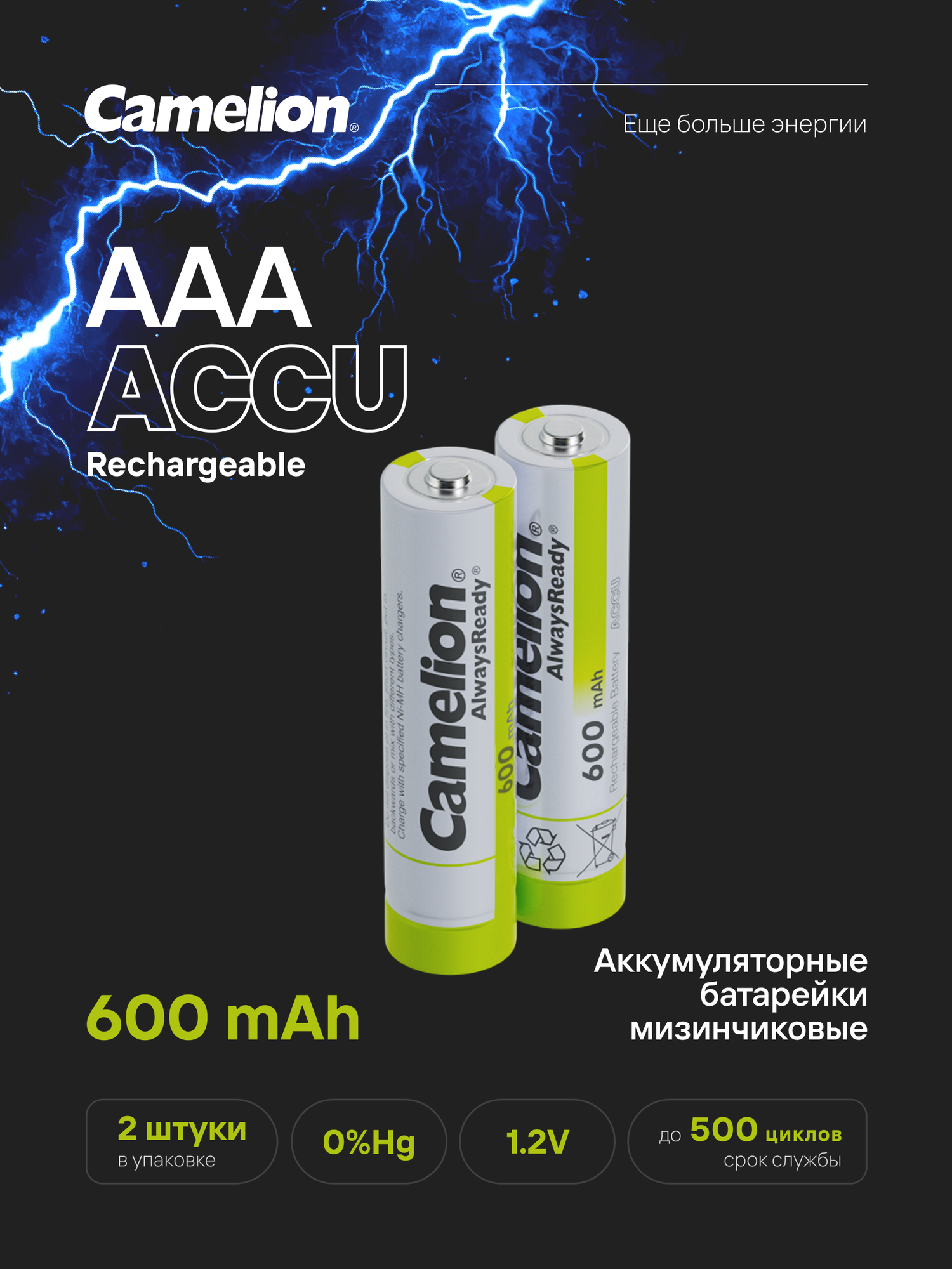 Батарейки аккумуляторные Camelion Always Ready AAA, 600mAh Ni-Mh BL-2, аккумулятор,1.2, 2штуки