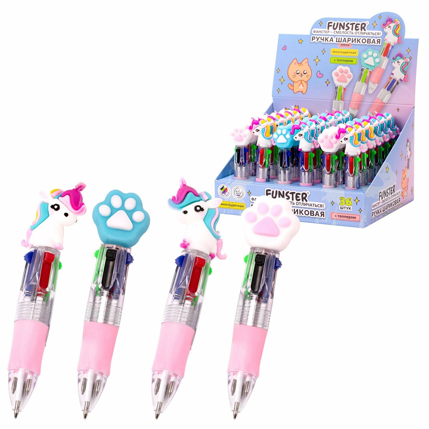 Ручка мини многоцветная с топпером шариковая автоматическая 4 цвета FUNSTER "MIX", ассорти, пишущий узел 0,7 мм, линия письма 0,35, 144378 (упаковка 36 шт.)
