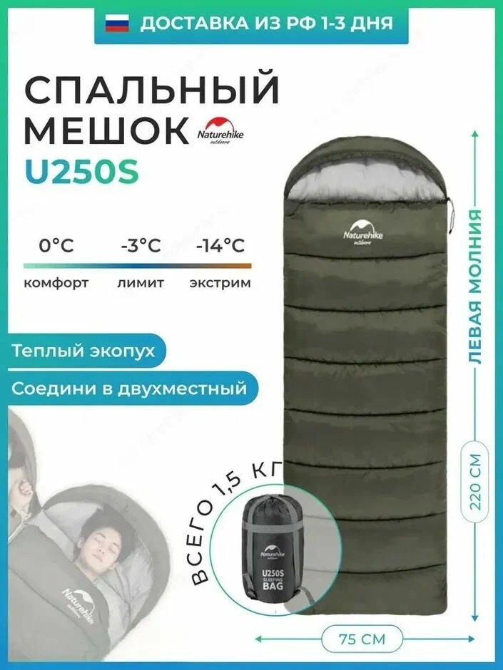 Спальный мешок Naturehike u250s / до -14С, вес 1.5 кг, зеленый, молния слева / превращается в двухместный спальник
