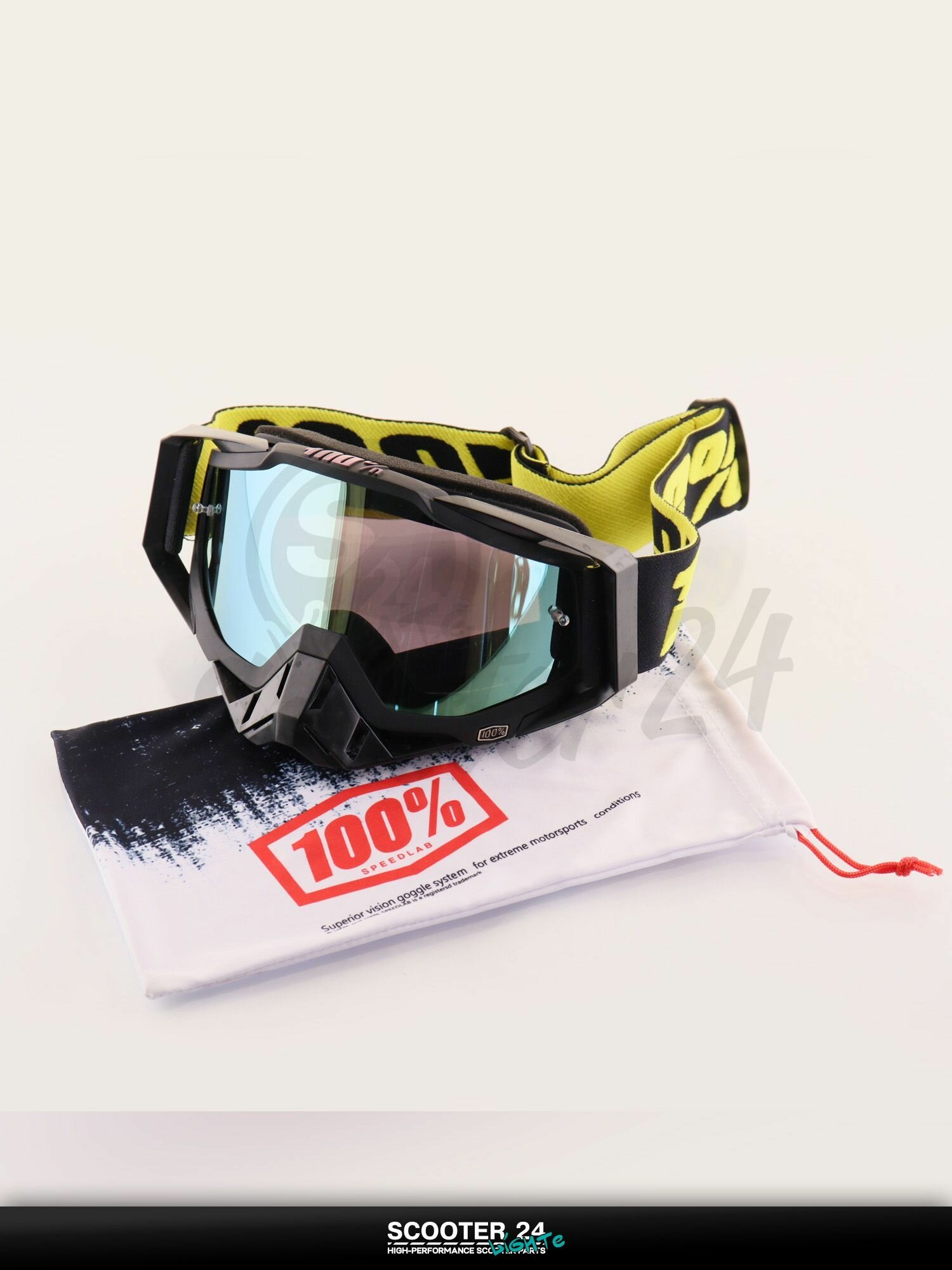 Очки кроссовые 100% (черный, стекло зеленое, +чехол) маска для мотокросса / эндуро на мотоцикл / питбайк квадроцикл и снегоход под шлем универсальные
