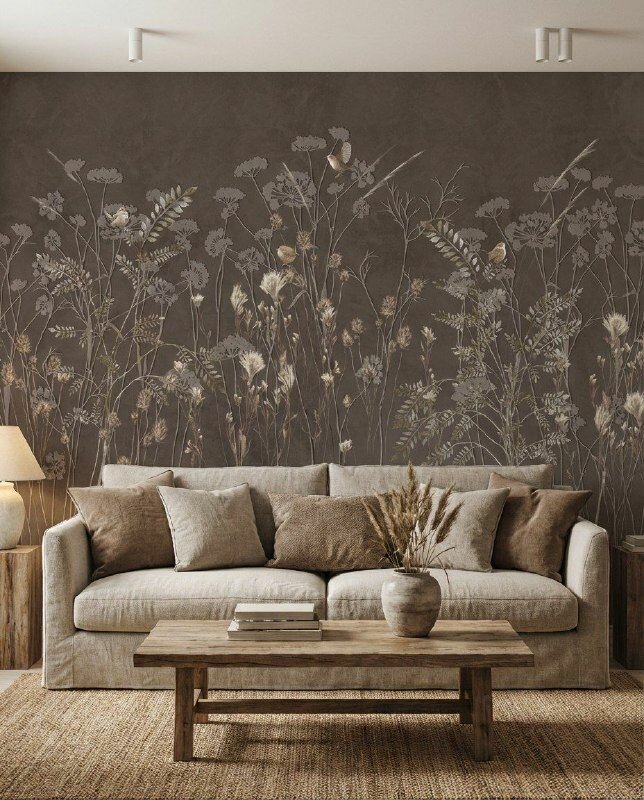 Фреска бесшовная "Птички крапивники" серо-коричневый №3 (ширина 2550мм х длина 2500мм)