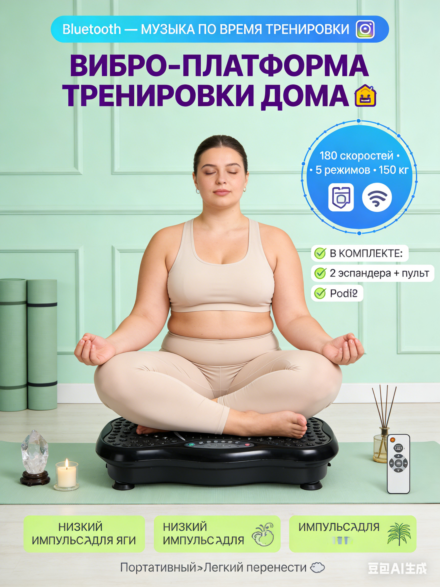 Виброплатформа для похудения, тренажёр для занятий дома, 99 скоростей, эспандеры 2 шт, черный с Bluetooth