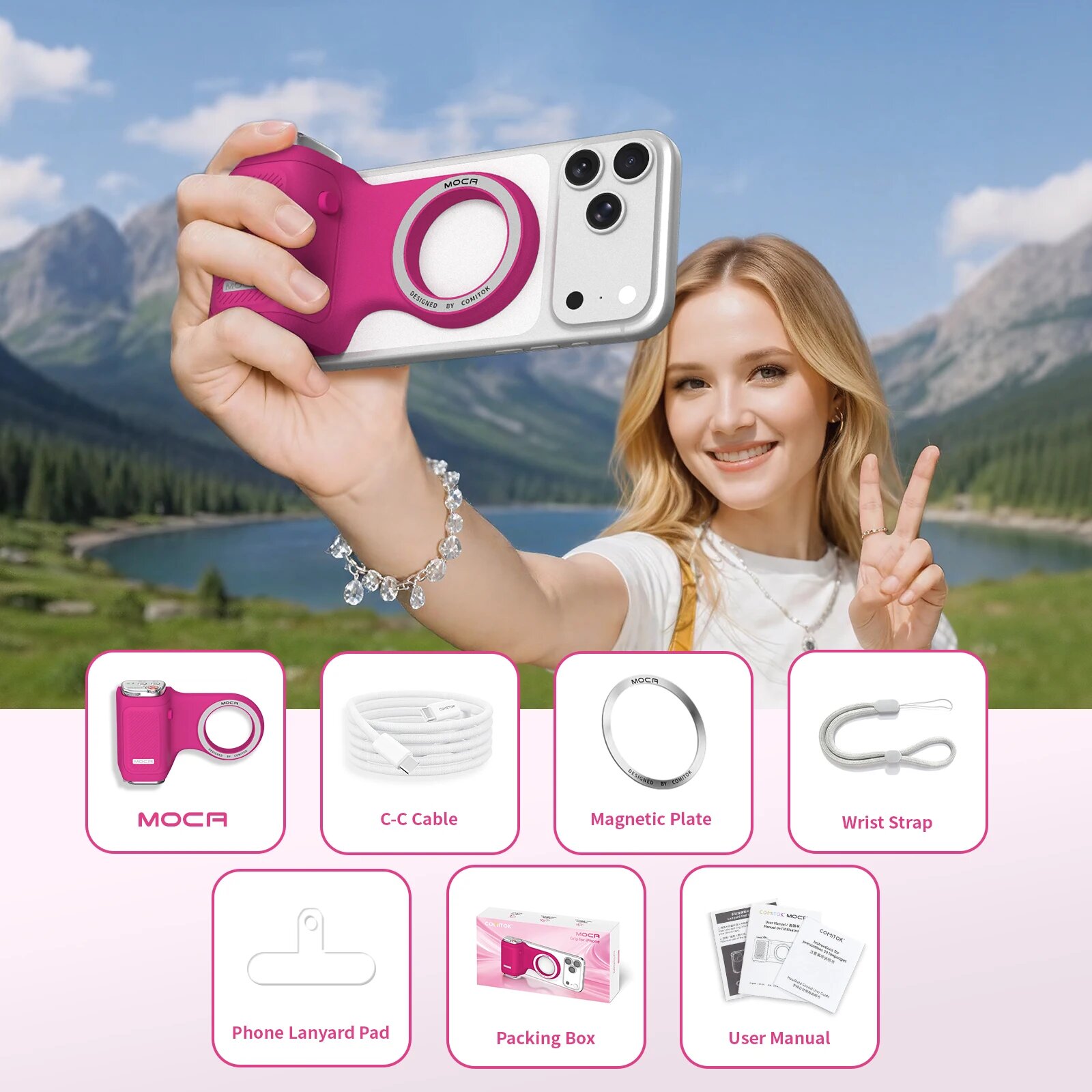 COMITOK Magnetic Phone Grip MOCA Fuchsia для iPhone