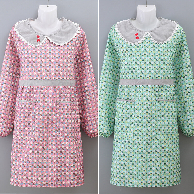 Фартук с длинным рукавом и воротником-куклой с двойными карманами, хлопковая ткань, женский фартук для дома и кухни, маслостойкий фартук для готовки