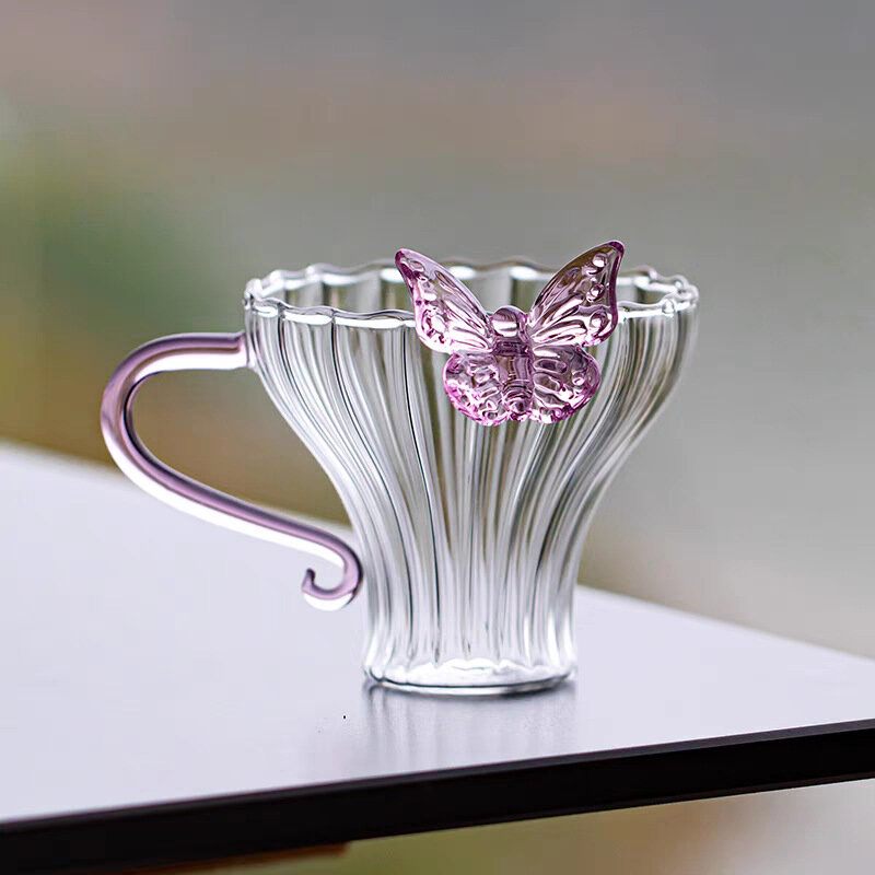 Розовая бабочка, прозрачная стеклянная чашка для чая с ручкой для женщин, чашка для пуэр с подставкой, высококачественная кофейная чашка