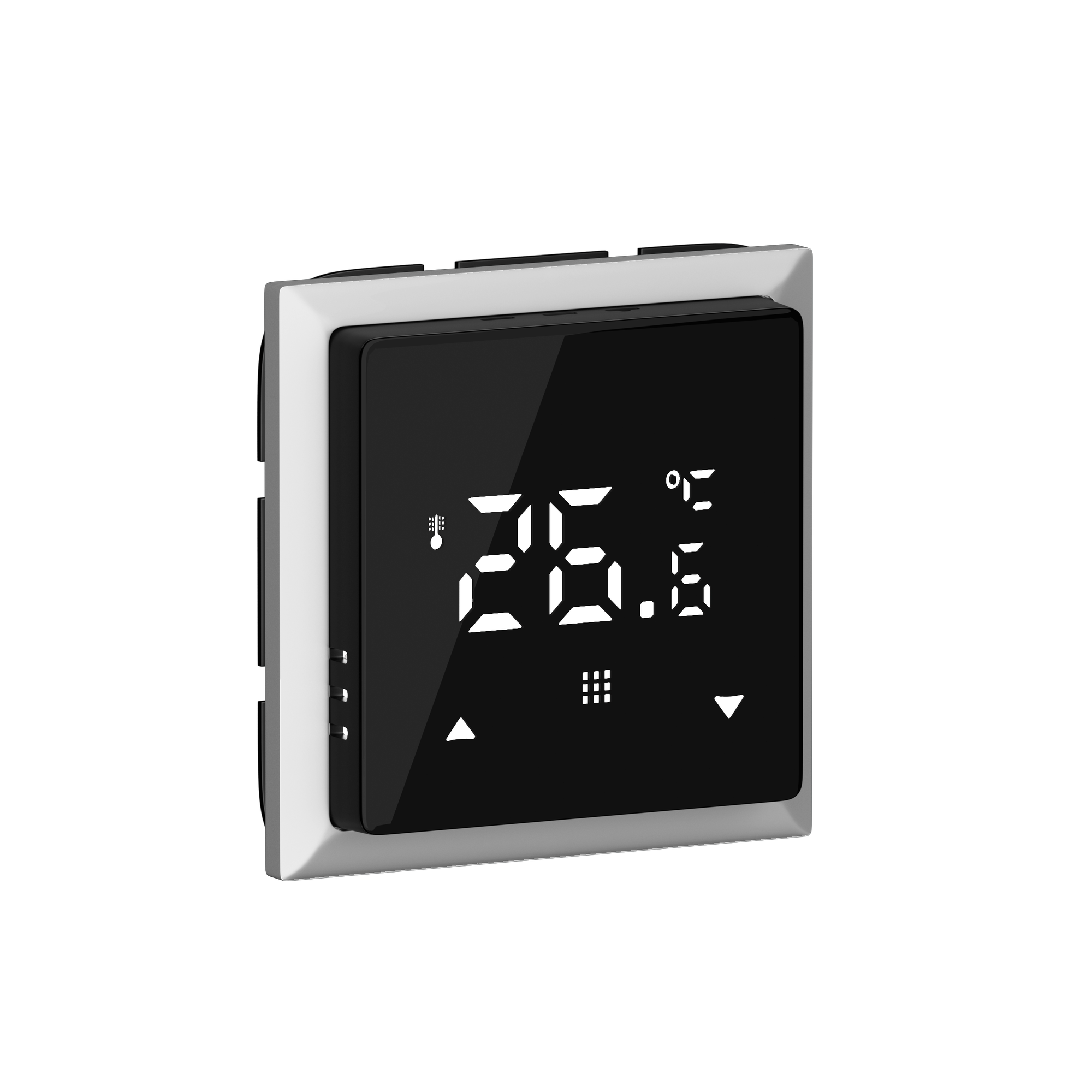 Термостат с датчиком температуры, программируемый, 16A, с чёрным стеклом 55х55мм, цвет алюминий, серия R98, Donel
