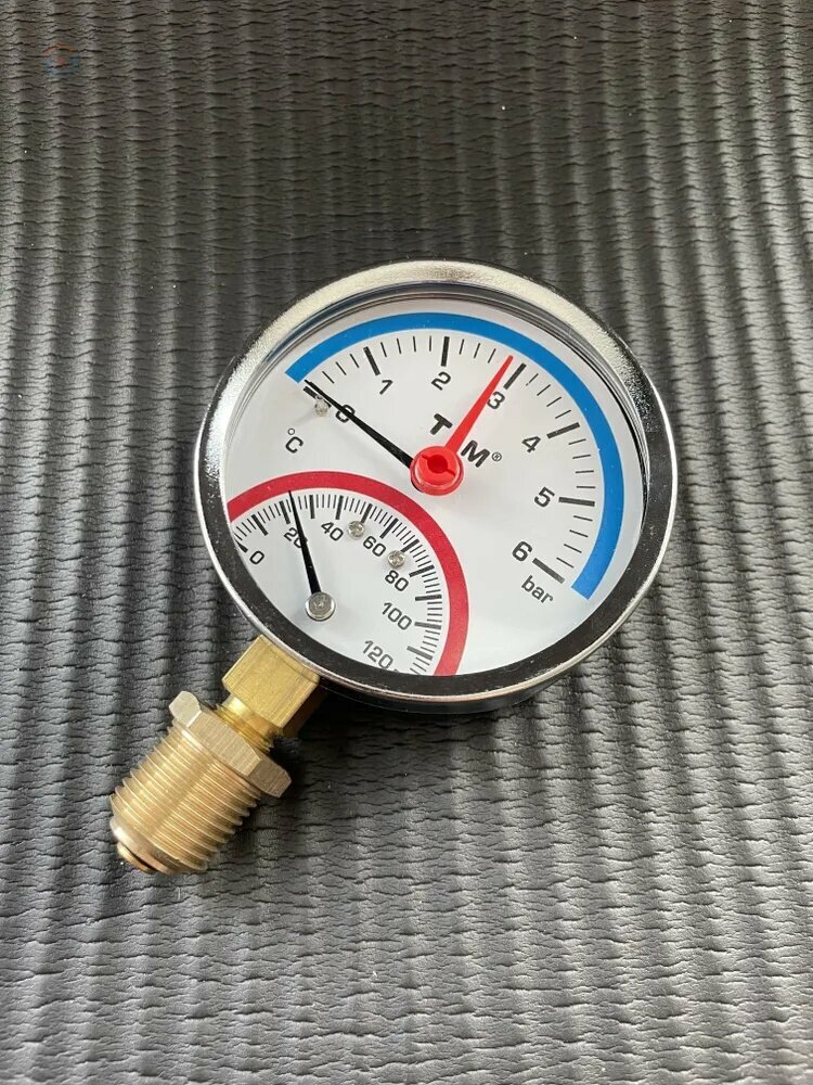 Термометр для смесителя с манометром, радиальный 80 мм, 6 бар, 1/2" резьба, контроль температуры и давления воды в душе и на кухне