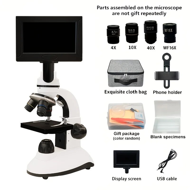 Светодиодный оптический композитный микроскоп с двойной подсветкой и монитором, студенческий портативный настольный микроскоп с 4-кратным зумом, идеальный подарок для домашней школы