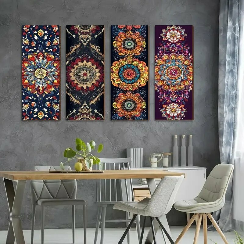 Набор 4 плоских деревянных декоров "Мандала-цветок" в стиле бохо (с двусторонним скотчем, 25 10 см) (Современный ретро-декор для дома и офиса - идеальный подарок ценителям искусства)