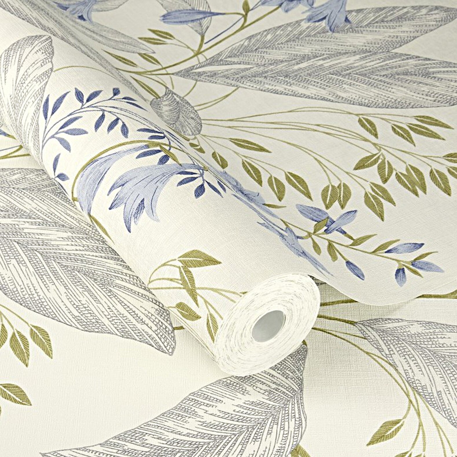 Обои флизелиновые Rasch Beltesto. Матовые моющиеся, с рисунком листья цветочки, бежево голубые