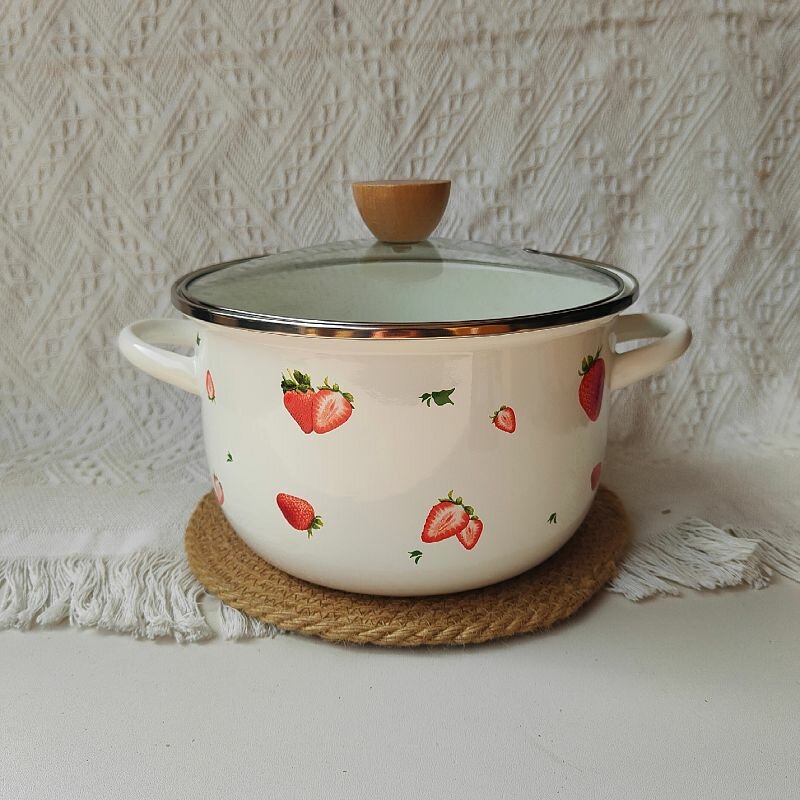 Корейская и японская эмалированная кастрюля с утолщенным дном, домашняя кухонная кастрюля с двумя ручками и стеклянной крышкой, прозрачная, с плоским дном, подходит для индукционных и газовых плит.