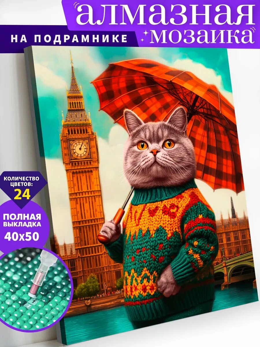 Кот в Лондоне Алмазная мозаика на подрамнике 40х50 см