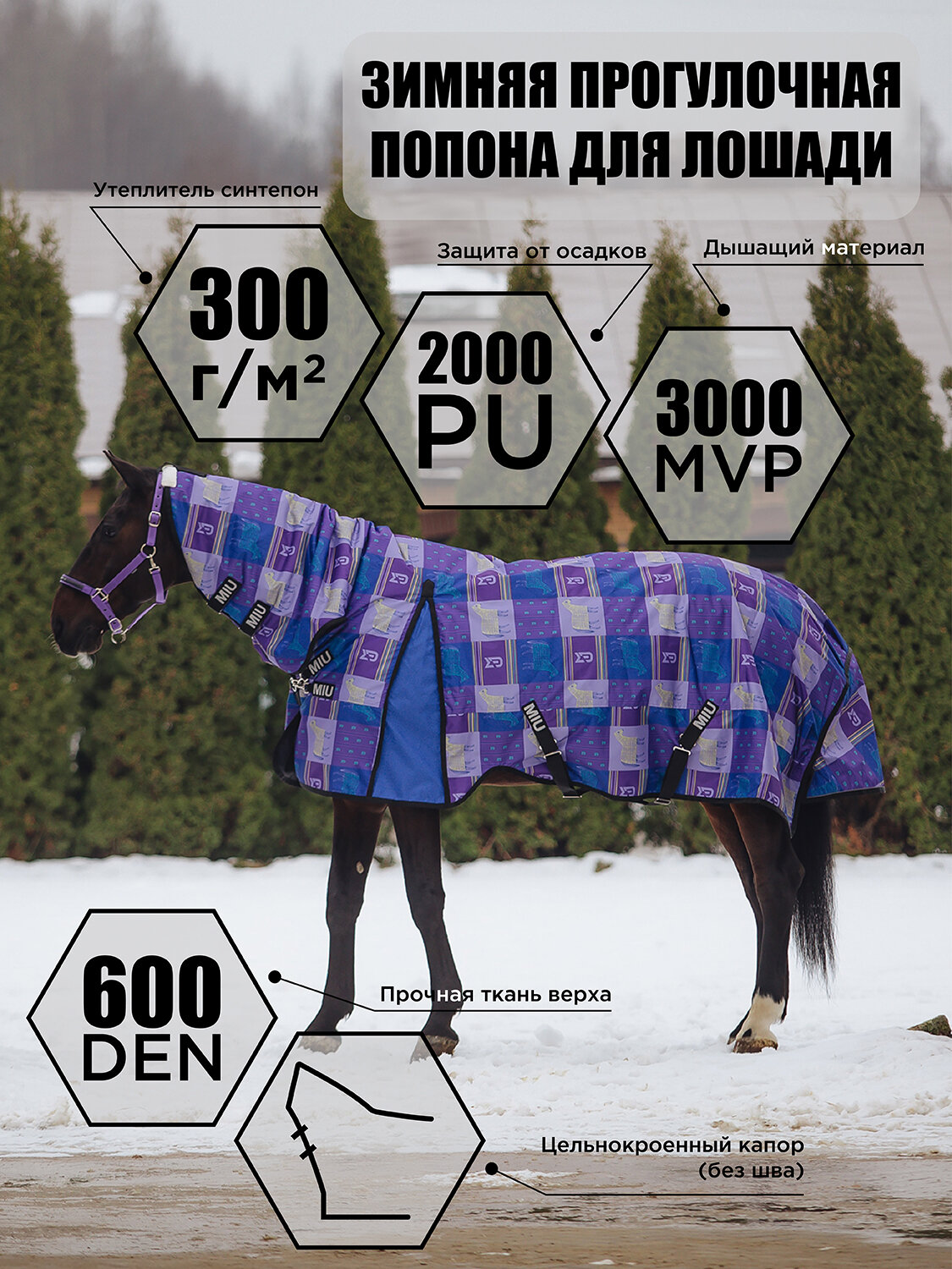 Попона для лошади прогулочная зимняя OSLO с капором, 300 гр (размер 145) узор