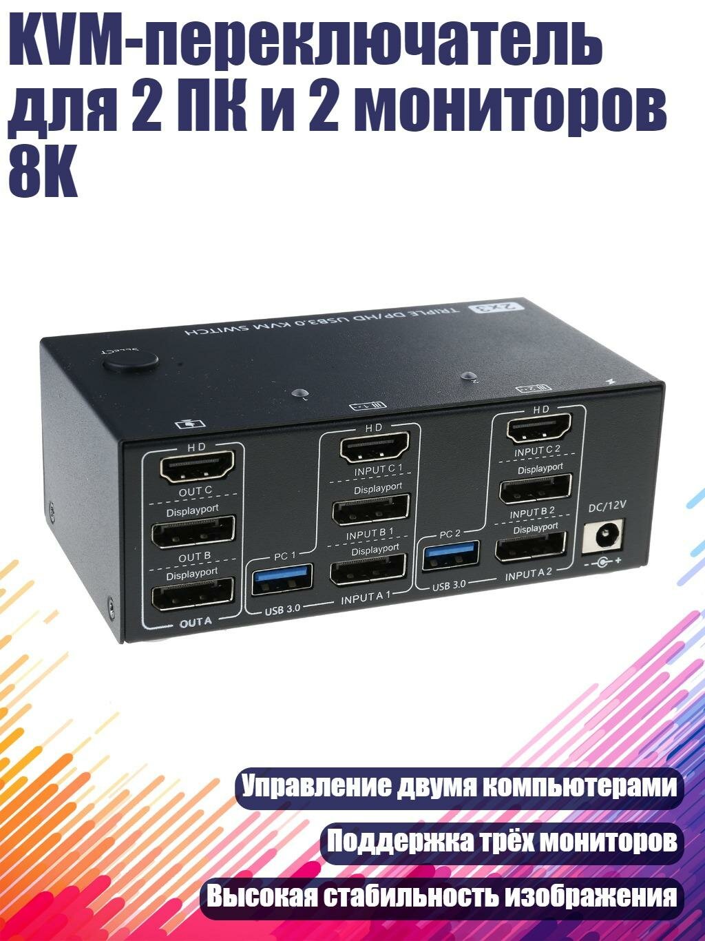 KVM-переключатель для 2 ПК и 2 мониторов 8K