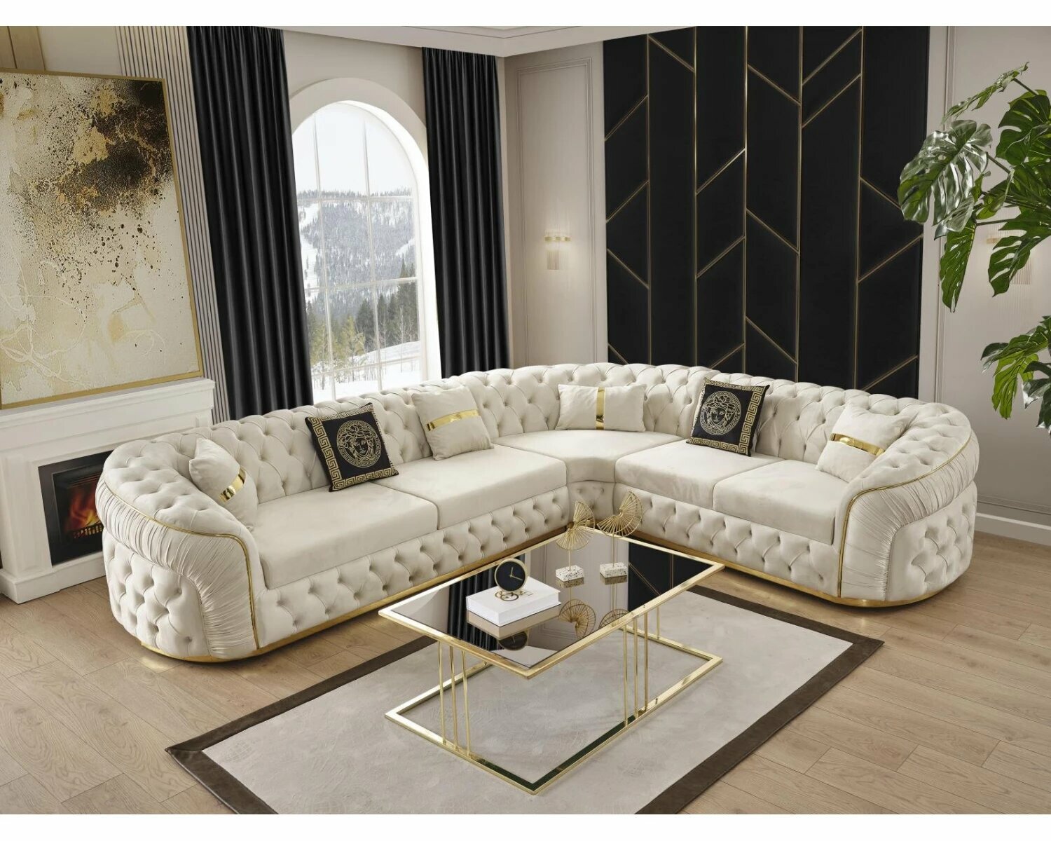 Диван угловой "Дельфин", с механизмом трансформации, бежевый, белый, бархат