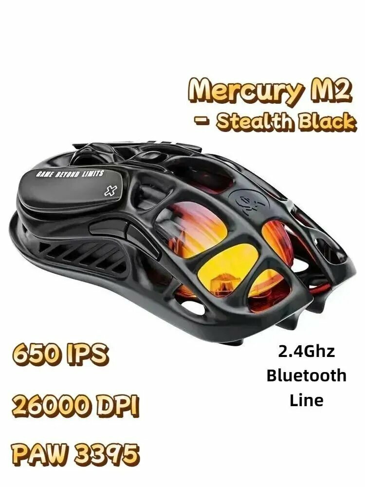 SINDTRADE Игровая мышь беспроводная Mercury M2 - 26000 DPI, PAW3395, Bluetooth/Wi-Fi/Проводное Подключение, RGB Подсветка, черный, черный матовый