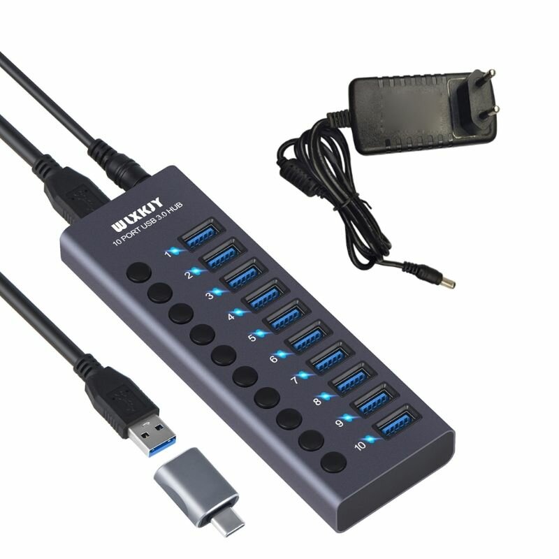(1 компл.) USB 3.0-хаб на 10 портов с адаптером Type-C - евровилка