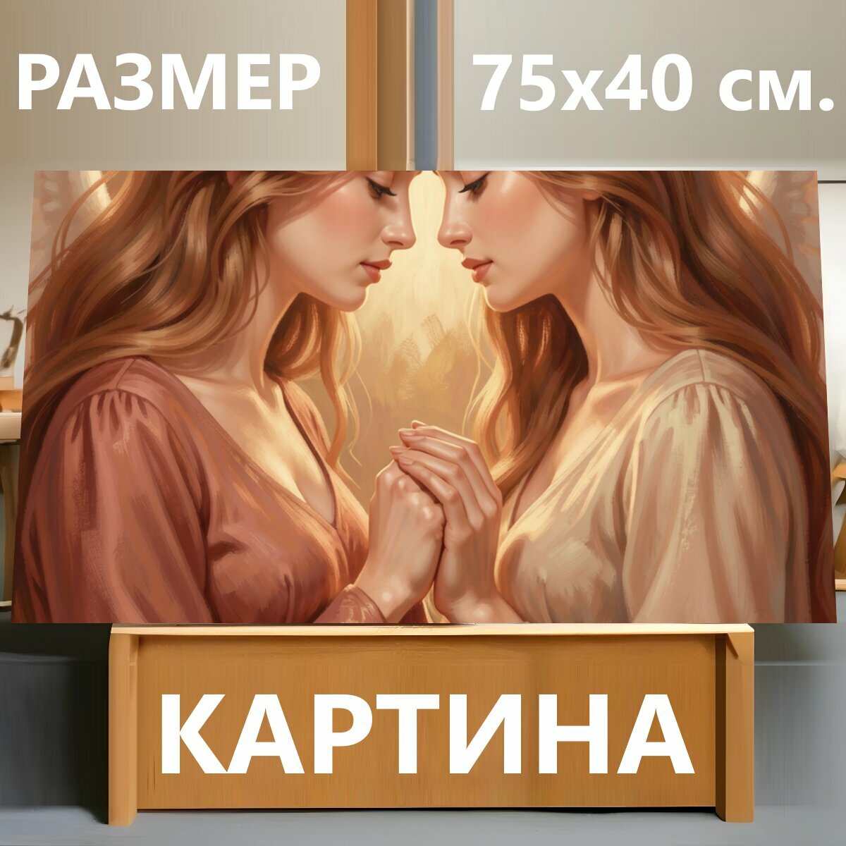 Картина на холсте "Две ангельские девушки в свете. Нежная романтическая живопись: две светловолосые девушки с крыльями стоят лоб к лбу." на подрамнике 75х40 см. для интерьера