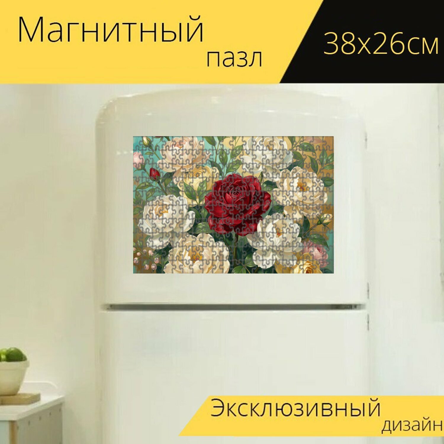 Магнитный пазл "Букет пышных роз и пионов. Живописная цветочная композиция с крупными красными, белыми, кремовыми и желтыми бутонами, зелеными листьями и." для интерьера, 38х26 см.