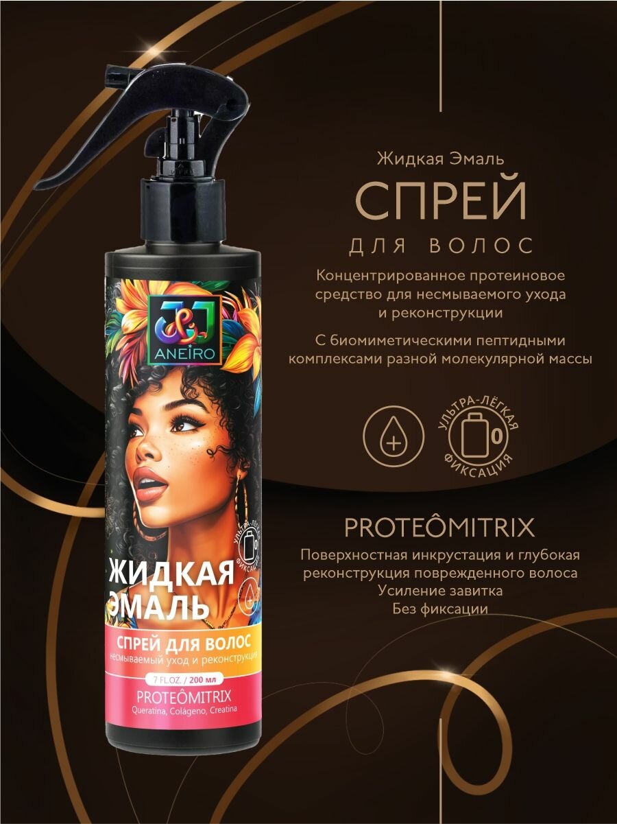 J&J ANEIRO Спрей для волос Жидкая Эмаль PROTEОMITRIX концентрированное протеиновое средство для несмываемого ухода и реконструкции, подходит для кудрявых волос и биозавивки