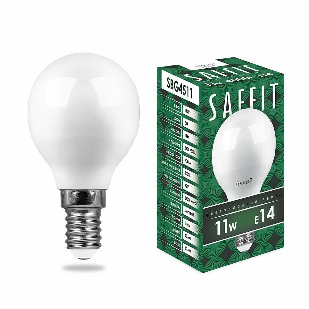 Лампа светодиодная Е14 мощность 11W цвет 4000K белый свет SAFFIT SBG4511 55138 Упаковка 5 штук