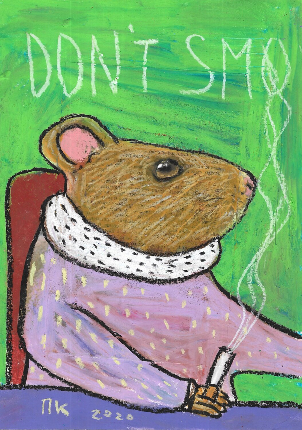 Авторский коллаж и рисунок пастелью на бумаге Курящая мышь 6/ Smoking mouse #6 (2020). Единственный экземпляр. Художник Павел Курагин. 21х29,7 см